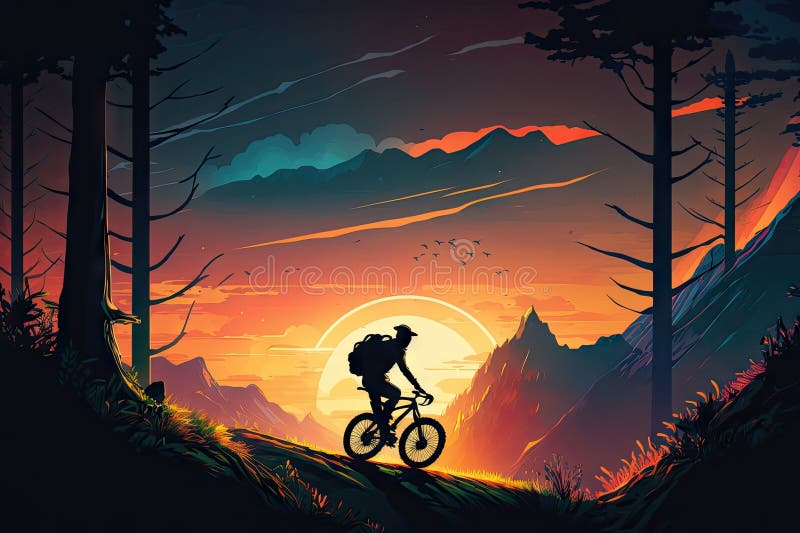 A Man Riding a Bicycle Down a Hill at Epic Sunset Digital. Ai ...