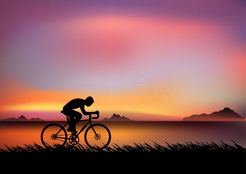 A Man Riding a Bicycle in the Evening with Light of Sunset and Orange ...