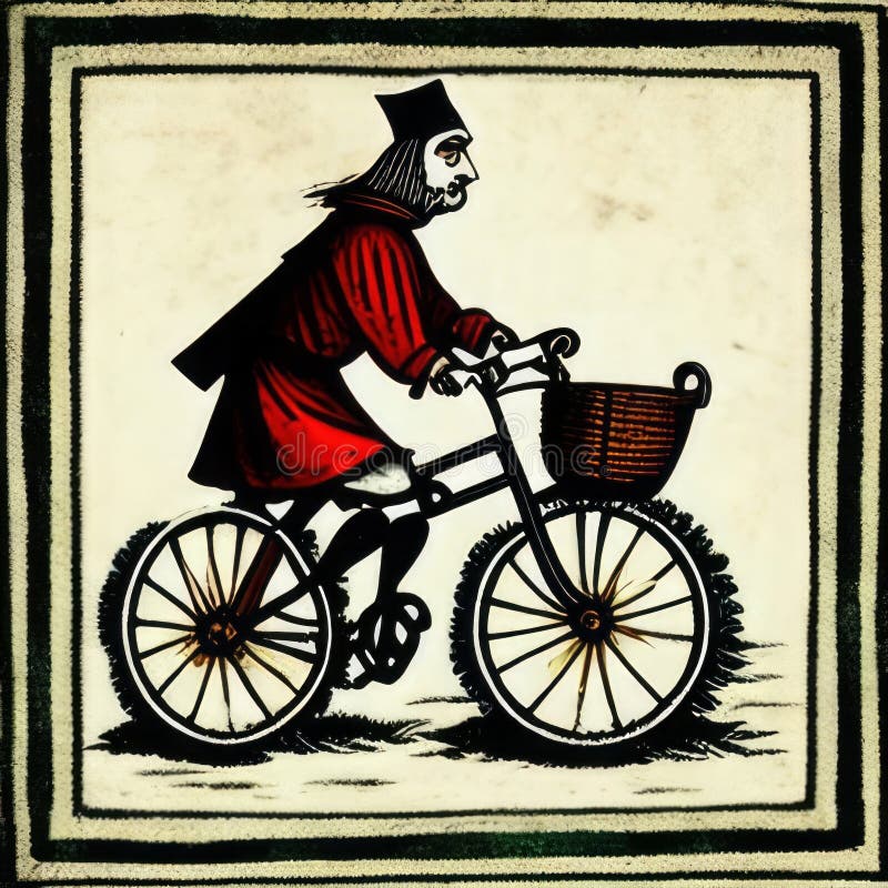 Man Riding a Bicycle in Medieval Style Stock Illustration ...