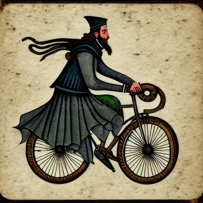 Man Riding a Bicycle in Medieval Style Stock Illustration ...