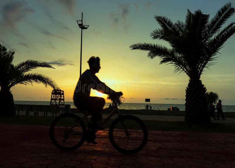 Man Riding Bicycle Sunset ,seafront Batumi, Georgia Stock Photo - Image ...
