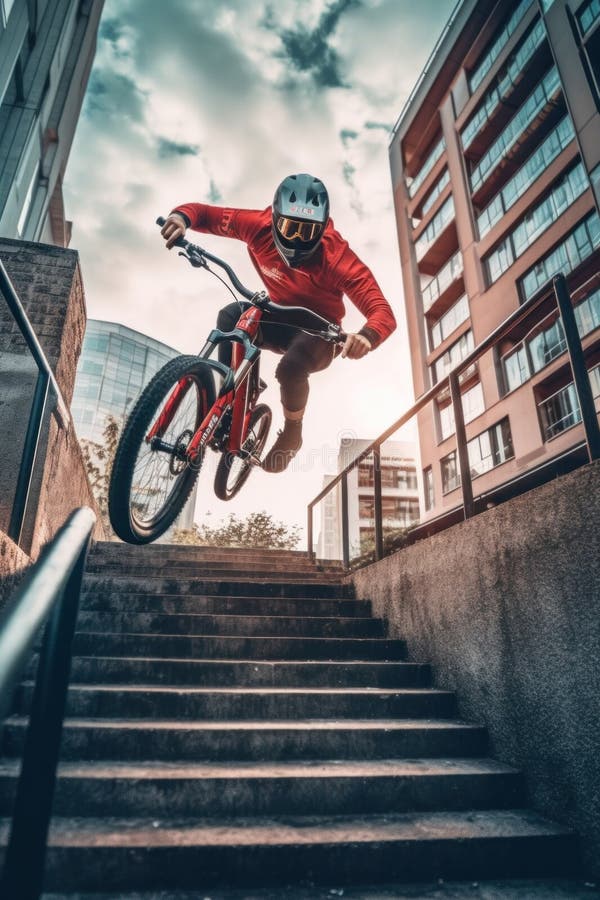 A Man Riding a Bike Down a Flight of Stairs. Generative AI Image. Stock ...
