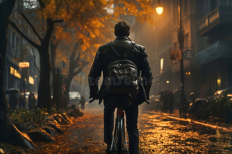 A Man Riding a Bike Down a Street, Going To Work Stock Image - Image of ...