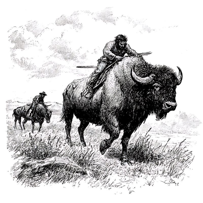 Man Riding Bison, Another on Horseback in Prairie Stock Illustration ...