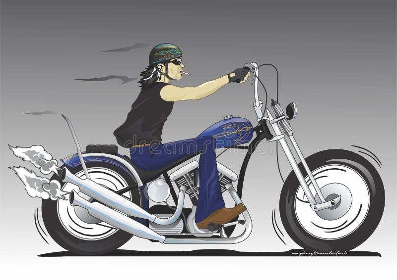 Man Riding Blue Chopper Motorcycle Vector Illustration in Cartoon Style ...