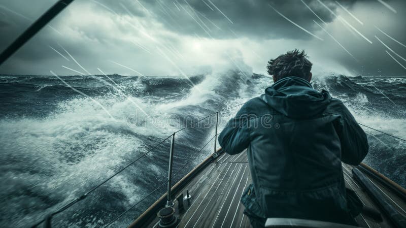 Man Riding a Boat, Navigating Stormy Waters in a Sea. Hard or Difficult ...