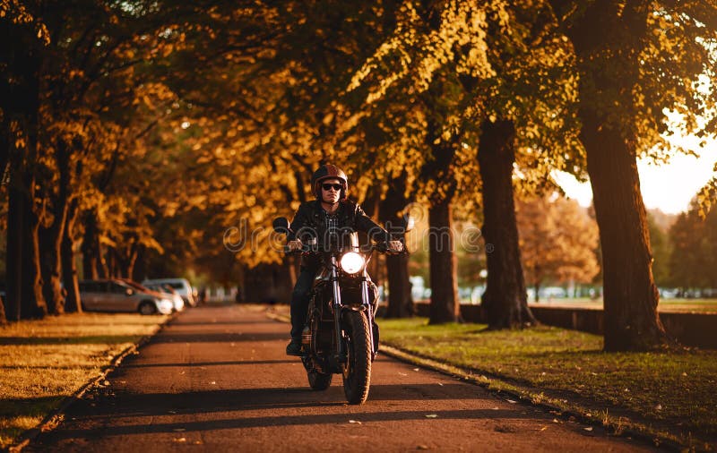 Motorcyclist with a Cafe-racer Motorcycle Stock Photo - Image of ...