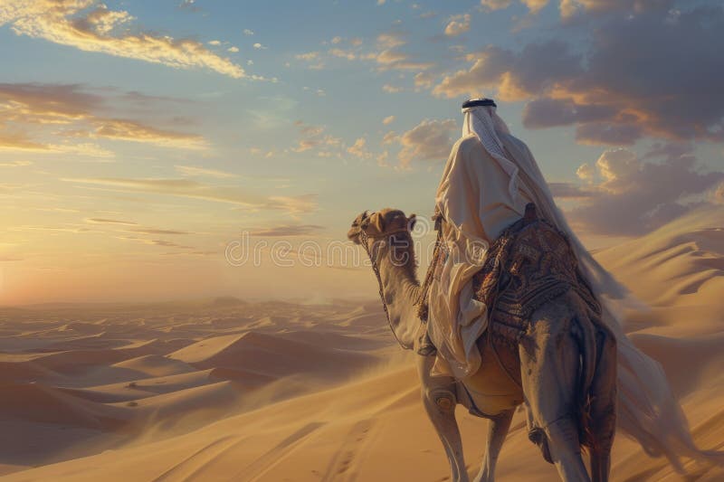 Man Riding Camel Across Desert. Generative AI. Stock Photo - Image of ...
