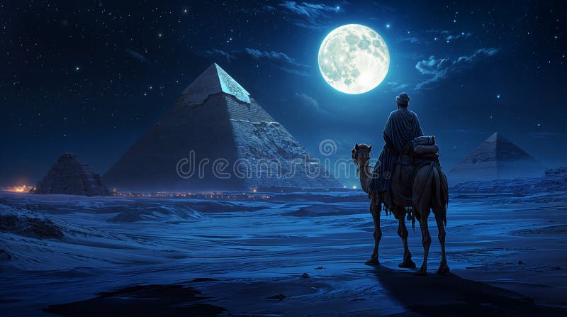 Man Riding a Camel Under a Full Moon at the Pyramids of Giza Stock ...