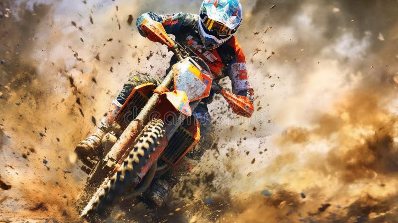 A Man Riding a Dirt Bike through a Cloud of Dirt on a Rough Terrain ...
