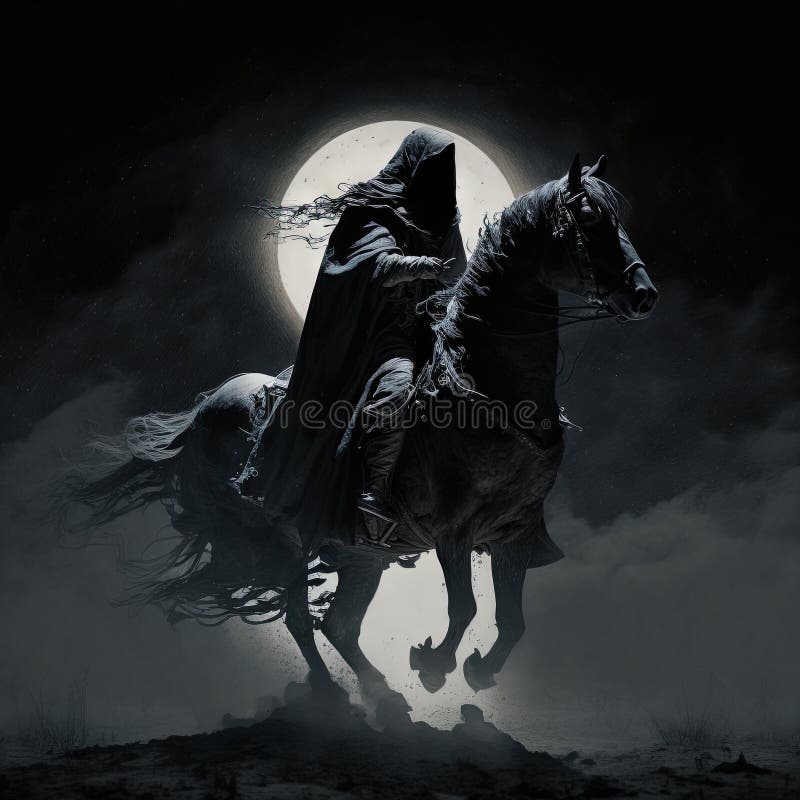 A Man Riding a Horse in the Dark with a Full Moon Behind Him. Stock ...