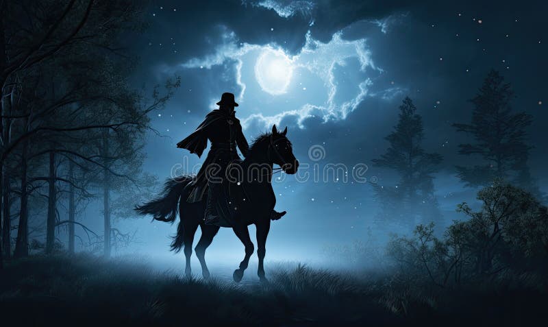 A Man Riding a Horse Under a Full Moon Stock Illustration ...
