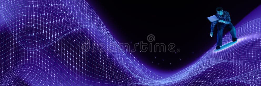 Man Riding Luminous Purple Network, Coding on Laptop, Representing ...