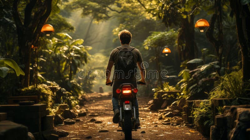 A Man Riding a Motorcycle Back View. Generative AI. Stock Illustration ...