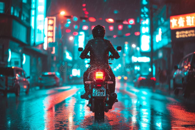 Man Riding a Motorcycle through a City at Night during a Thunderstorm ...