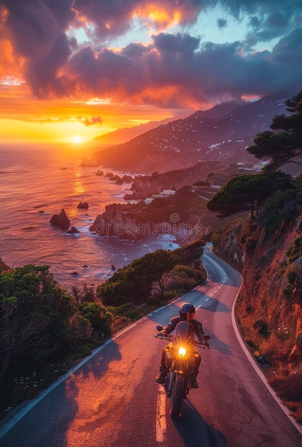 Man Riding Motorcycle on Coastal Road on Sunset Stock Image - Image of ...