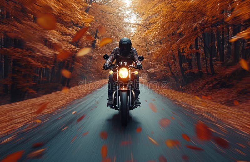 A Man Riding a Motorcycle Down the Road in Autumn Stock Image - Image ...
