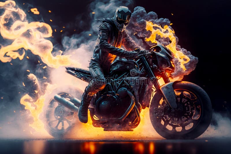 Man Riding Motorcycle in Front of Bunch of Fire and Smoke. Generative ...