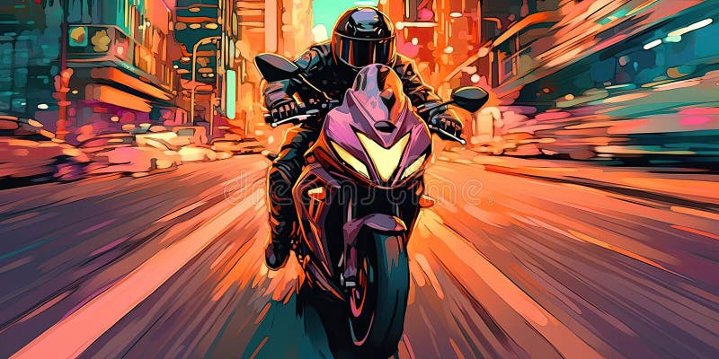 Man Riding a Motorcycle in Front of the City Interesting Angle. Vector ...