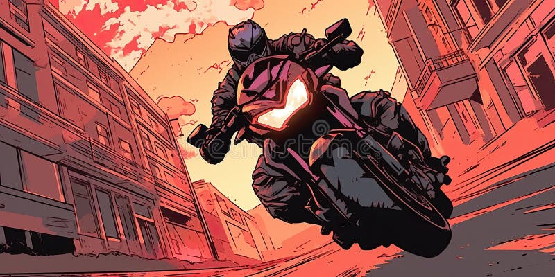 Man Riding a Motorcycle in Front of the City Interesting Angle. Vector ...