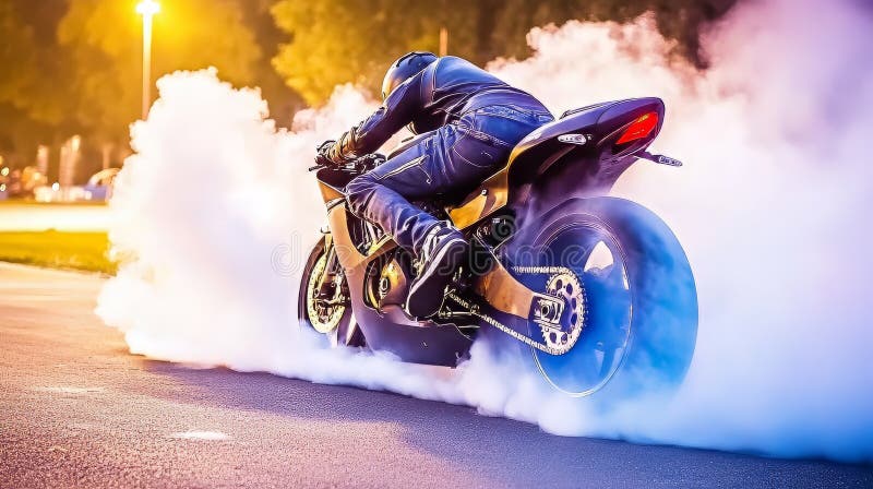 A Man is Riding a Motorcycle with Smoke Coming Out of the Back Stock ...