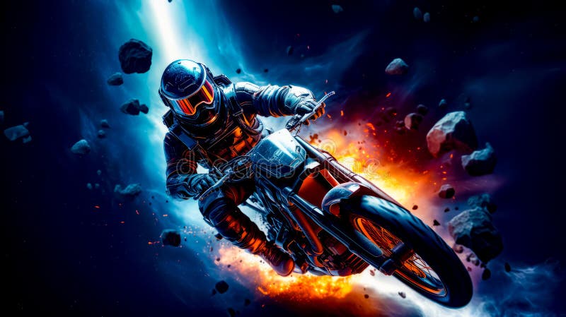 Man Riding Motorcycle through Space Filled with Rocks and Lavas ...
