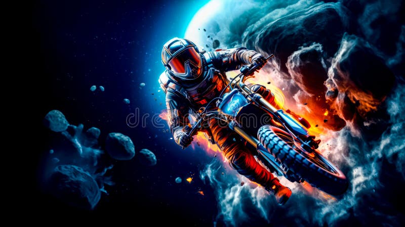 Man Riding Motorcycle through Space Filled with Smoke and Lavas ...