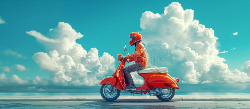 Man Riding Orange Scooter on Coastal Road with Large Clouds Stock ...