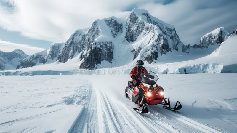 A Man Riding a Snowmobile Against a Backdrop of Mountains. Snowmobile ...