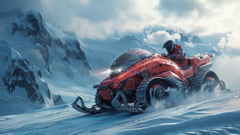 A Man Riding a Snowmobile Against a Backdrop of Mountains. Snowmobile ...