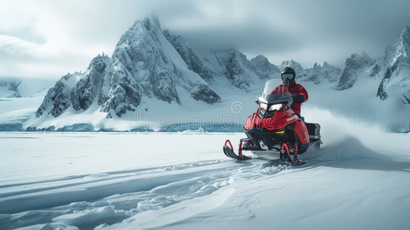 A Man Riding a Snowmobile Against a Backdrop of Mountains. Snowmobile ...