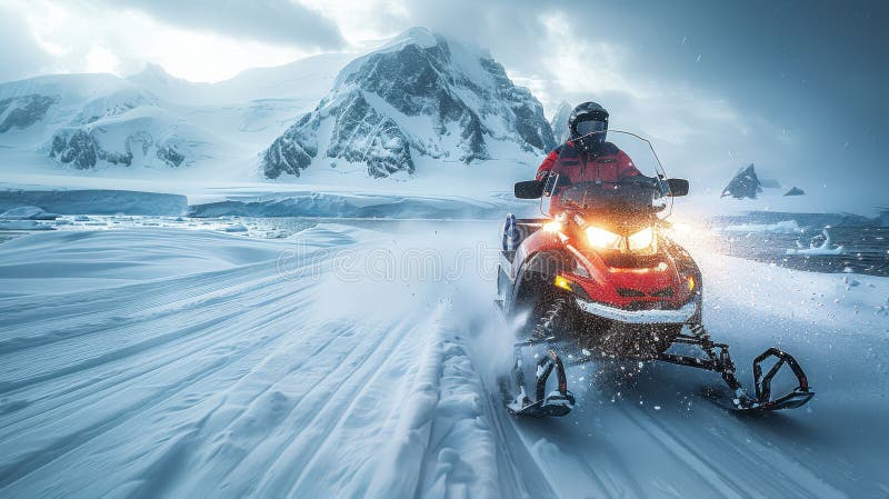 A Man Riding a Snowmobile Against a Backdrop of Mountains. Snowmobile ...