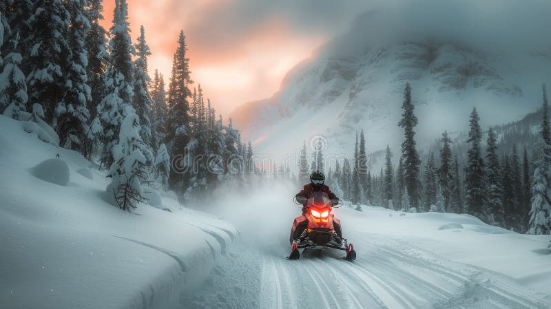 Man Riding Snowmobile Down Snow-Covered Road Stock Image - Image of ...