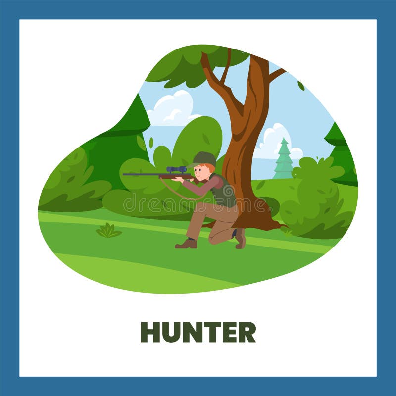 Man with Rifle Hunting in Forest, Square Poster with Text, Cartoon Flat ...