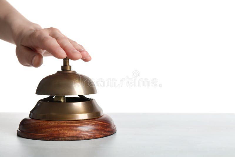 Man Ringing Hotel Service Bell at Table Stock Image - Image of arrival ...