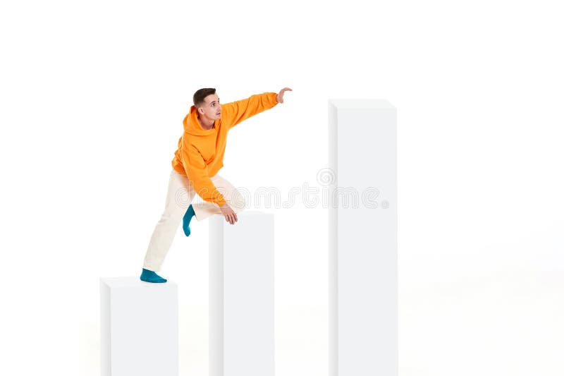 Man Rising Up the Career Ladder. Guy Following Up on White Diagram ... Man Rising Up the Career Ladder. Guy Following Up on White Diagram ...