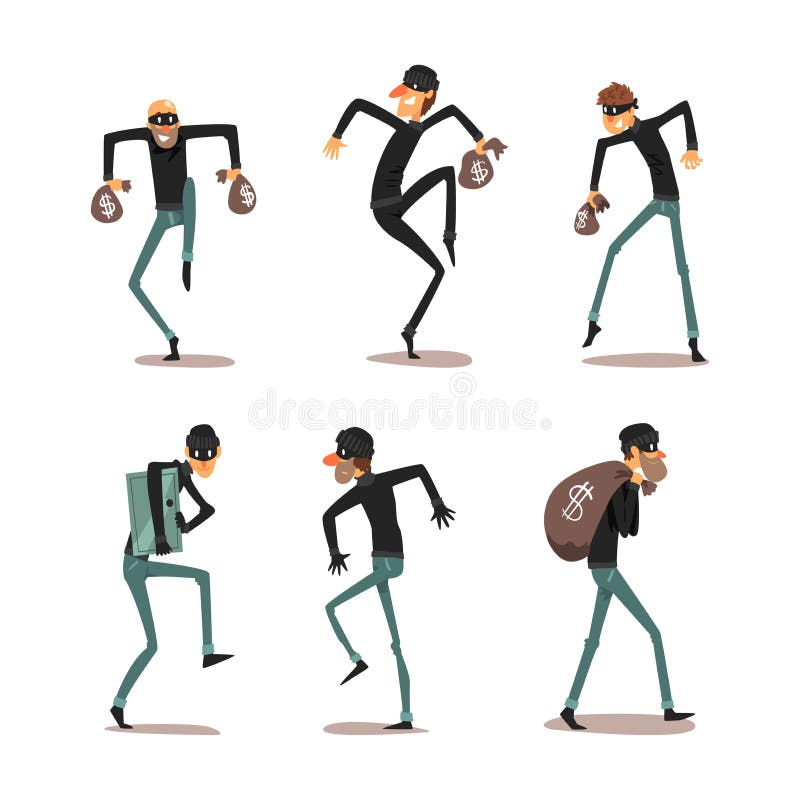 Robber Characters Set Male Thieves Dressed Black Clothing In Masks