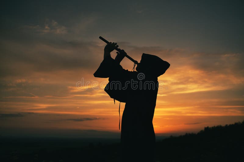Man in Robe Sunset Flute Play Stock Image - Image of ethnic, spiritual ...