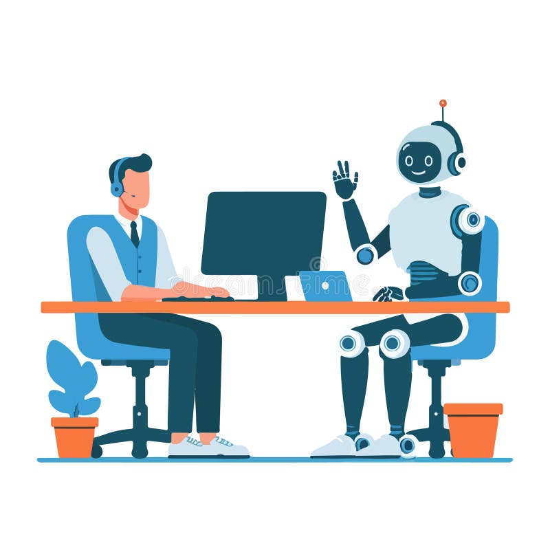 Man and Robot with Computers Sitting Together in Workplace Flat Design ...