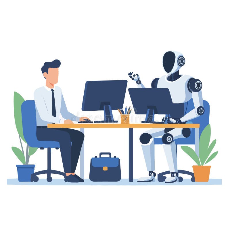 Man and Robot with Computers Sitting Together in Workplace Flat Design ...
