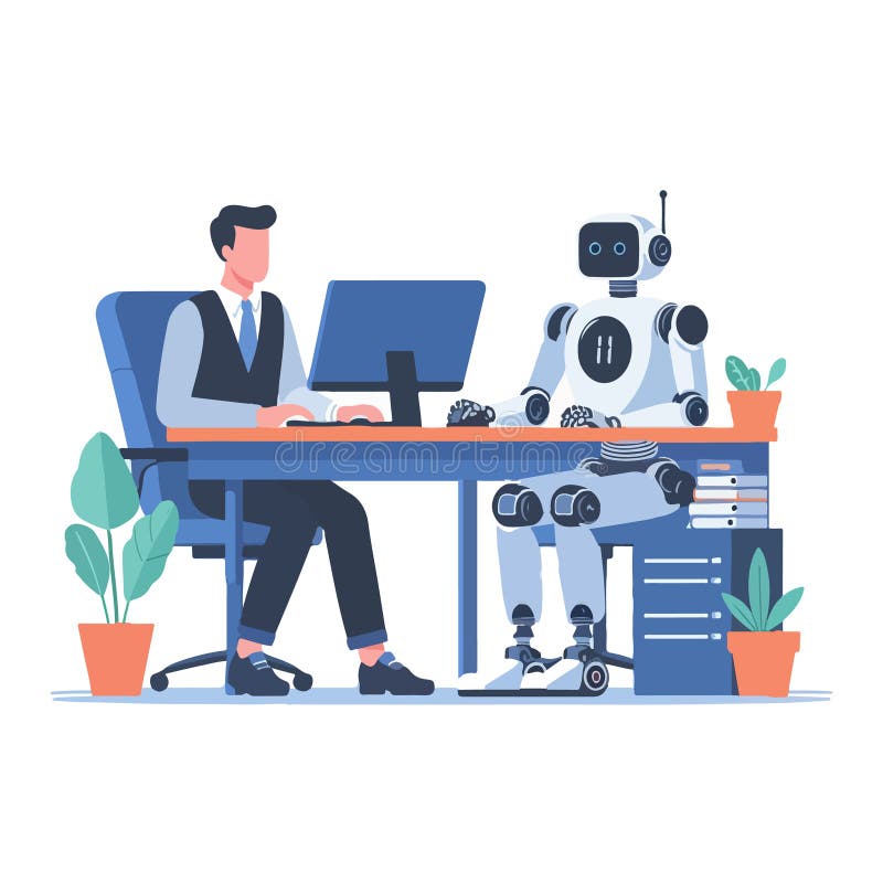 Man and Robot with Computers Sitting Together in Workplace Flat Design ...
