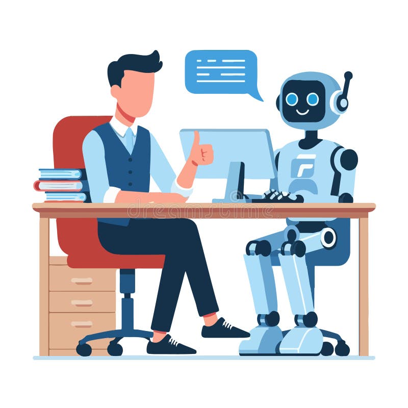 Man and Robot with Computers Sitting Together in Workplace Flat Design ...
