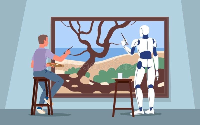 Man and Robot Create Together, Painter Drawing Image with Brush and ...