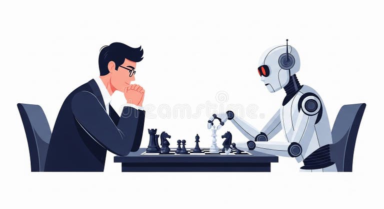 Man and Robot Playing Chess on a Chessboard, Symbolizing Strategy ...