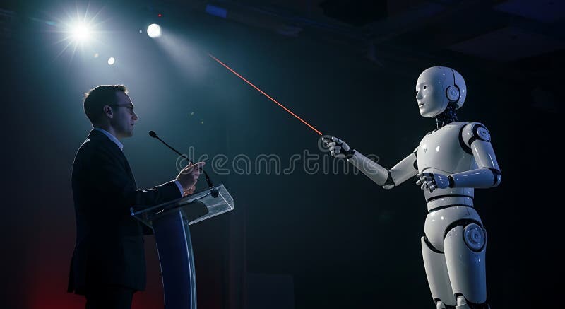 Man and Robot Presenting Together with Laser Pointer on Stage Stock ...
