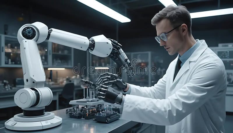 Man and Robotic Arm Working Together on Technology in Lab Stock ...