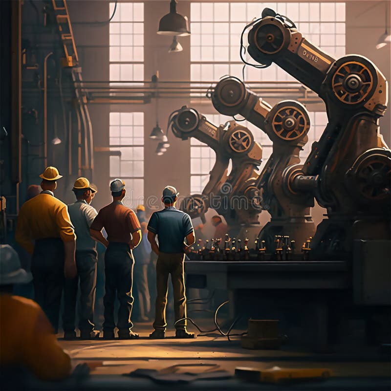 Man and Robotic Machine Work Together Inside Industrial Building. the ...