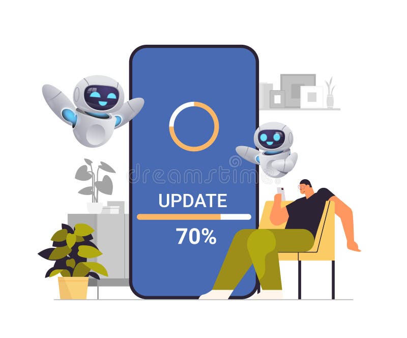 Man with Robots Helpers Updating Operating System Update Process ...