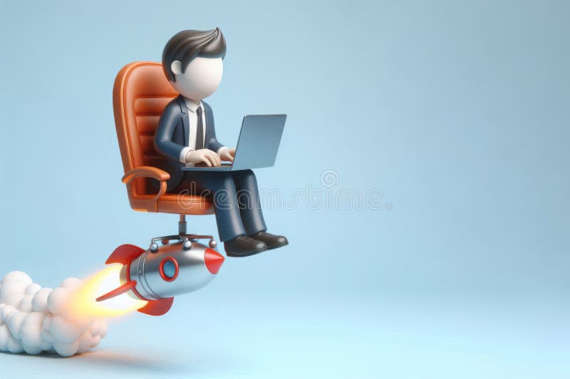 A Man on a Rocket Chair with a Laptop. Space for Text. Stock Image ...
