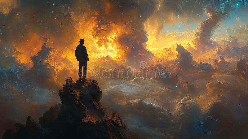 Man on Rocky Pinnacle, Cosmic Cloudscape, Contemplation, Space Stock ...